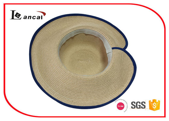 Bowknot Style Women Wide Brimmed Straw Hat With Navy Cotton Bound Edge