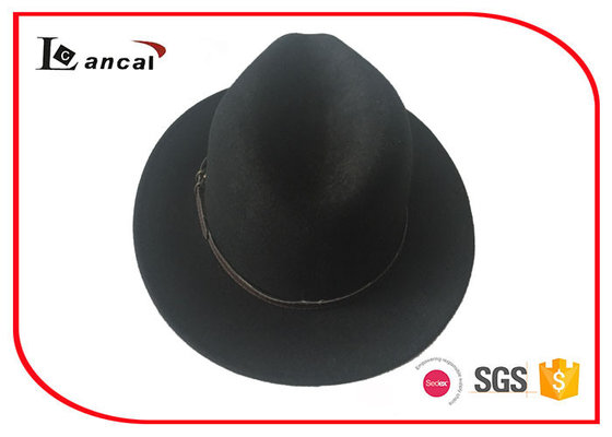 57cm PU Leather Trim Wool Felt Hat , Black Felt Floppy Hat For Women