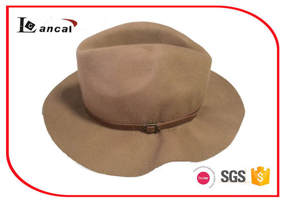 Beige Ladies Waterproofing Wool Felt Hat With Leather Belt Trim / Black Sweatband