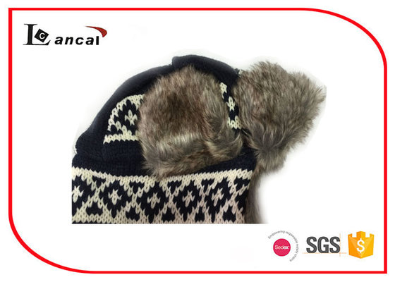 58cm Peaked Knitted Trapper Hat Horn Button , Mens Faux Fur Trapper Hat