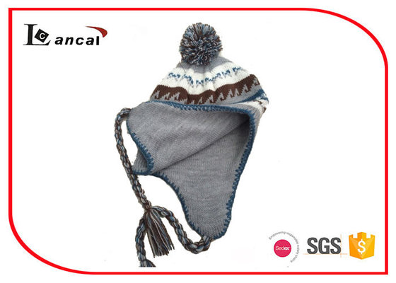 Grey Cable Knit Trapper Hat Pom And Braid 52cm Kids Winter Hats With Brim
