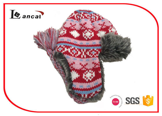 Jacquard Girls Winter Trapper Hat With Red Polar Fleece And Faux Fur Lining