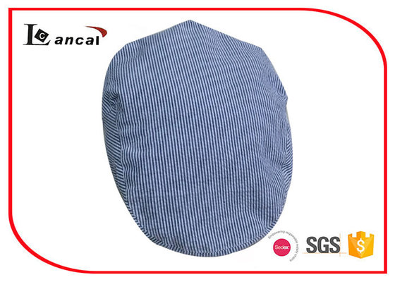 Seersucker mens flat hat with chambray sweatband and herringbone twill lining