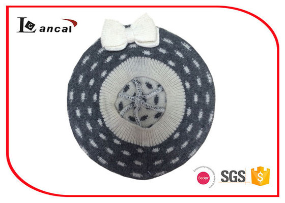 Six Darts Grey And Cream Girls Cable Knit Beret Spot And Bowknot