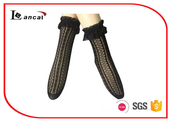 Sexy Black Ladies Silk Socks Jacquard With Lace Top Edge , Womens Nylon Socks