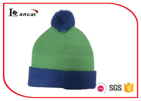 Green And Blue Cuffed Knit Beanie Sewing Knit Hat With Ball On Top