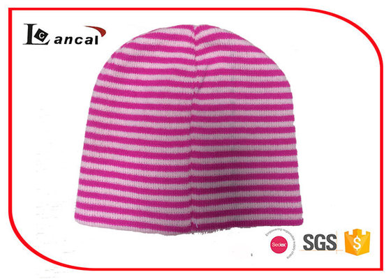 Girls Stripe Winter Knit Hats , Rose Red And Pink Womens Knit Hat With Flower
