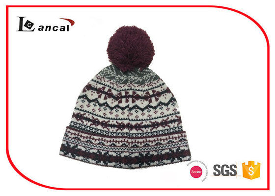 No Line Jacquard Cuffed Winter Knit Hats With Pom , Burgundy Beanie Hat