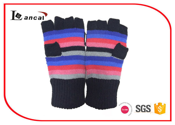 Multi Stripe Girls Winter Gloves Black Rib Cuff Winter Fingerless Gloves