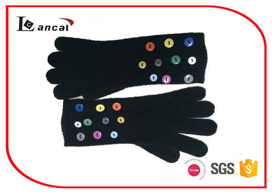 Wool And Acrylic Ladies Warm Winter Gloves Black  Colorized Buttons