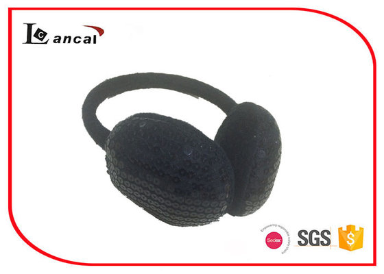 Paillette On The Outer Black Fluffy Ear Muffs For Winter , Fleece Ear Warmers