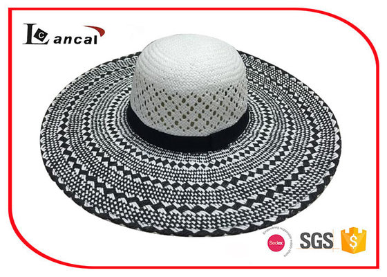 Customized 100% paper straw hat , black and white wide brim sun hat for women