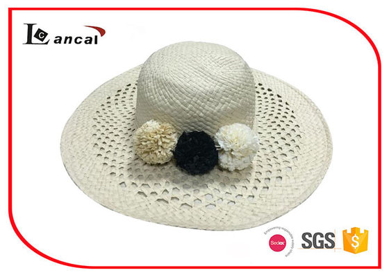 Double layer wide brimmed straw sun hat with flower decoration for female