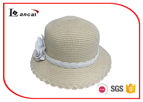 Girls Natural Straw Wide Brim Sun Hat With Crossed Brim And White Flower Band