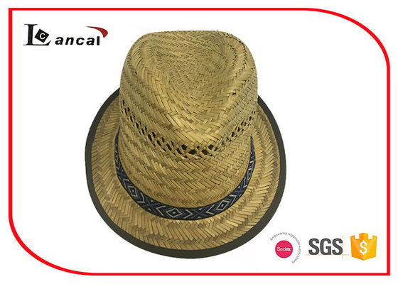 Natural Straw Trilby Mens Structural Wide Brim Hat With Aztec Hatband