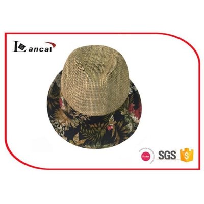 Fashion natural Wide Brimmed Straw Hat , mens floral aop trim seagrass straw hat