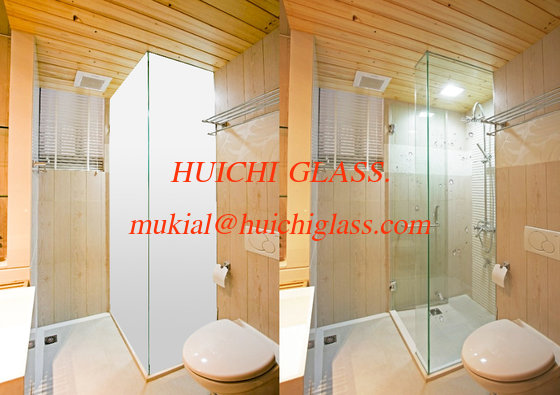 LCD smart glass, smart glass film, switchable glass film, grey PDLC film, blue LCD film, shower door