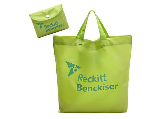 Logo Custom Green Nylon Foldable Tote Bags With Snag Closure Inside Pocket