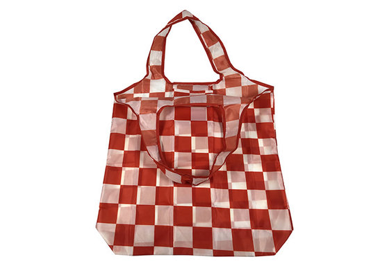 Red - White Square Fold Up 190t polyester Folding Pocket Reusable foldable Bag