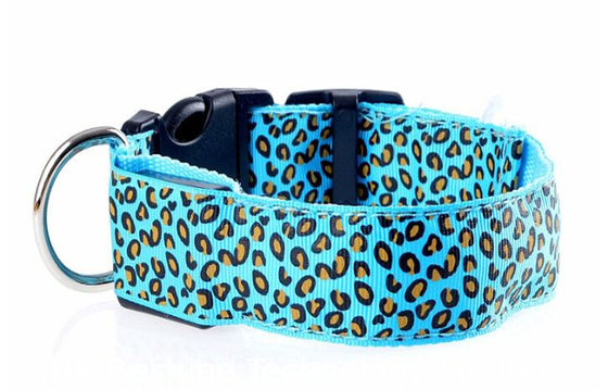 Leopard Printed Blue Lighting Led Dog Collars S M L Size Adjustable