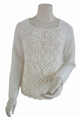 White Crochet Front Raglan Jumper Womens Pullover Sweaters Furry Yarns Round Neck