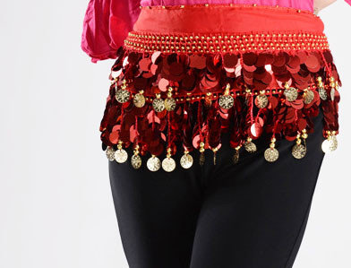 88 Gold Coins Chiffon Belly Dance Hip Scarf With Paillettes