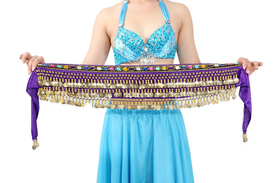 Velvet belly dancing hip scarf with coins , beaded belly dance belt