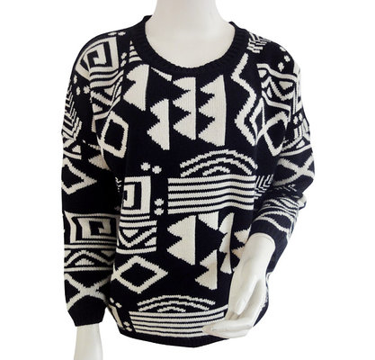 Dropped shoulder Aztec jacquard Ladies pullover sweaters Black base with white Aztec