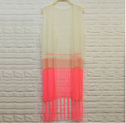 Knee long length Fringe hem Ladies Hollow out cardigan Hand knitted Sweater