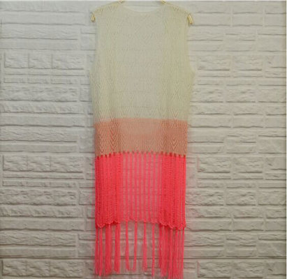 Knee long length Fringe hem Ladies Hollow out cardigan Hand knitted Sweater