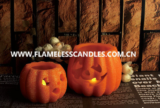 cheap  Battery Operated Halloween LED Candles , Wax Carved Pumpkin Flameless Candles with Glitter