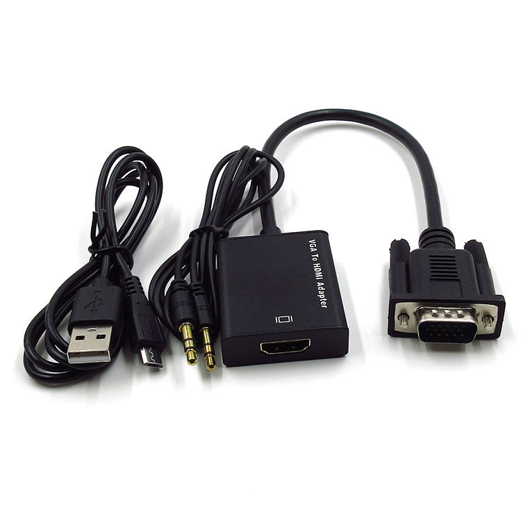 Black Color 15 Pin Vga Male To Hdmi Female Adapter  With Usb And Audio Cable