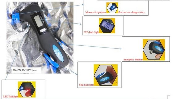 Electronic Tire Gauge With LCD backlight 5 IN 1 Emergency tool