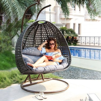 Hanging Double seat Resin Wicker swing Egg Chair & Stand & Cushion