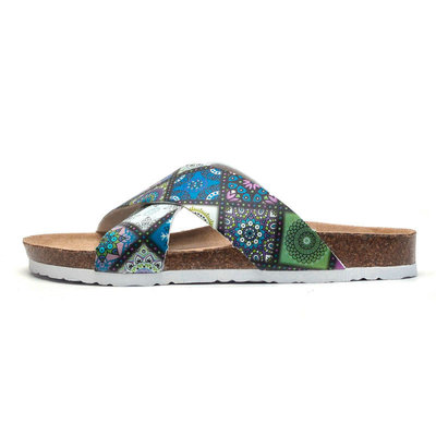 Retro Style Double Straps fashion Patterns Lady PU Shoes Cork Sole ladies beach Sandals Customized house Slippers For Women