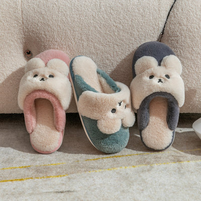 Wholesale fashion women slippers soft plush cartoon cute bear vamp breathable home indoor shoes winter