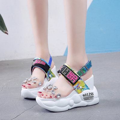 High quality Color Rhinestone super thick bottom casual shoes women non-slip wedges sandals fashion outdoor slippers