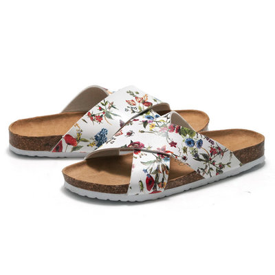 Slippers hot sale cork beach shoes leather pattern upper lightweight non-slip flat summer women floral sandals