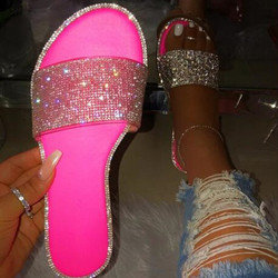 2022 New Arrival Summer Sandals women Rhinestone Flat Slide outdoor Casual solid color slippers Ladies wholesale