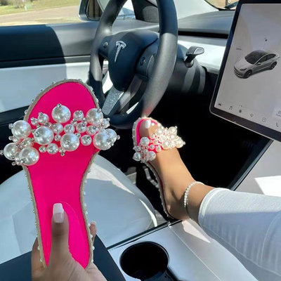 New fashion style pearl flat sandals large size slide slippers hot sale solid color outdoor non-slip shoes for women