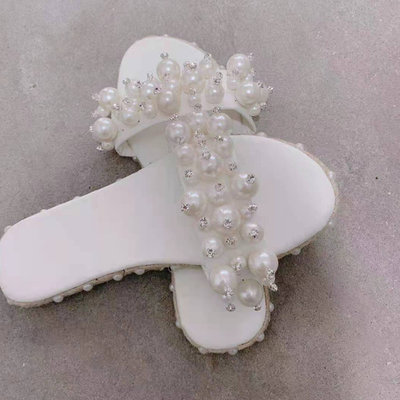 New fashion style pearl flat sandals large size slide slippers hot sale solid color outdoor non-slip shoes for women