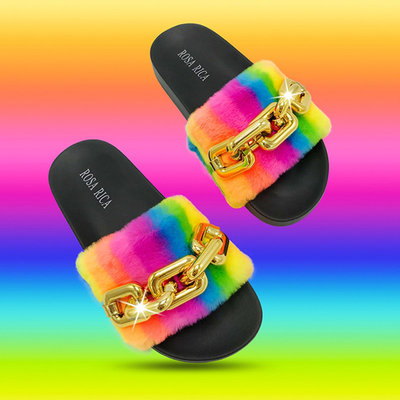 Women new Casual Fashion outdoor sandals Rainbow Plush Chain upper Flat non-slip Slippers For Ladies 2022
