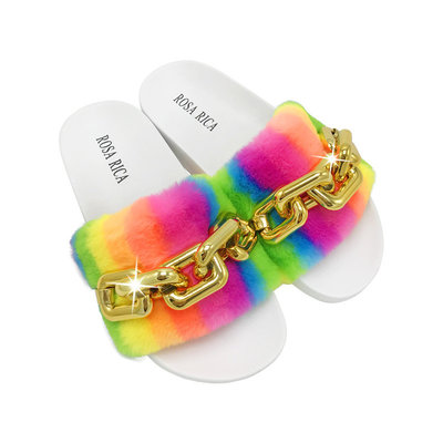 Women new Casual Fashion outdoor sandals Rainbow Plush Chain upper Flat non-slip Slippers For Ladies 2022