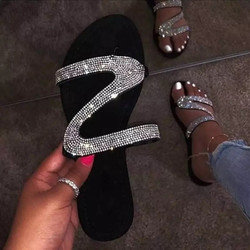 Hot Selling fashion rhinestone Sandals Women New Design z-shaped summer flat casual solid color slippers