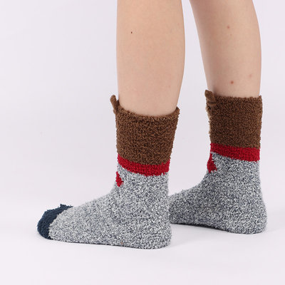 Hot selling fashion house indoor warm soft fuzzy sleep socks with cute small Bear pattern women cozy slippers sock sherpa socks