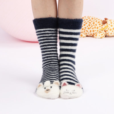 Winter Fashion Accessories Women stripe pattern Cozy Plush Faux Fur Hairy Fluffy Room Floor Slipper socks Sofa Sleep Fuzzy Socks