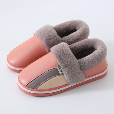 Slippers women winter all-inclusive heel non-slip couple warm waterproof PU leather home indoor shoes for men