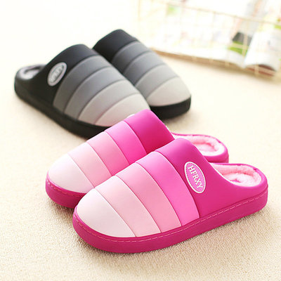 Waterproof non-slip wholesale slippers women thick-soled winter fashion stripes plush couple home indoor shoes