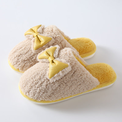 Wholesale Hairy slippers autumn winter couple warm soft plush cute bowknot female non-slip bedroom shoes