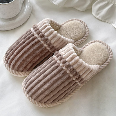 Autumn winter new design striped color warm slippers female home couple delicate plush non-slip bedroom shoes in stock